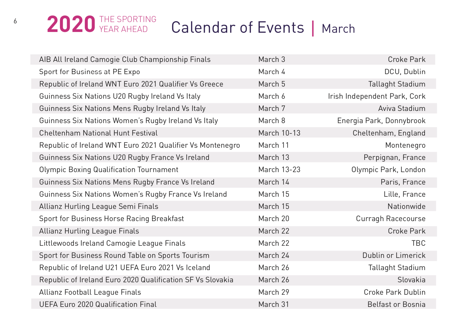 Sporting Year Ahead 2020 Calendar - Sport for Business
